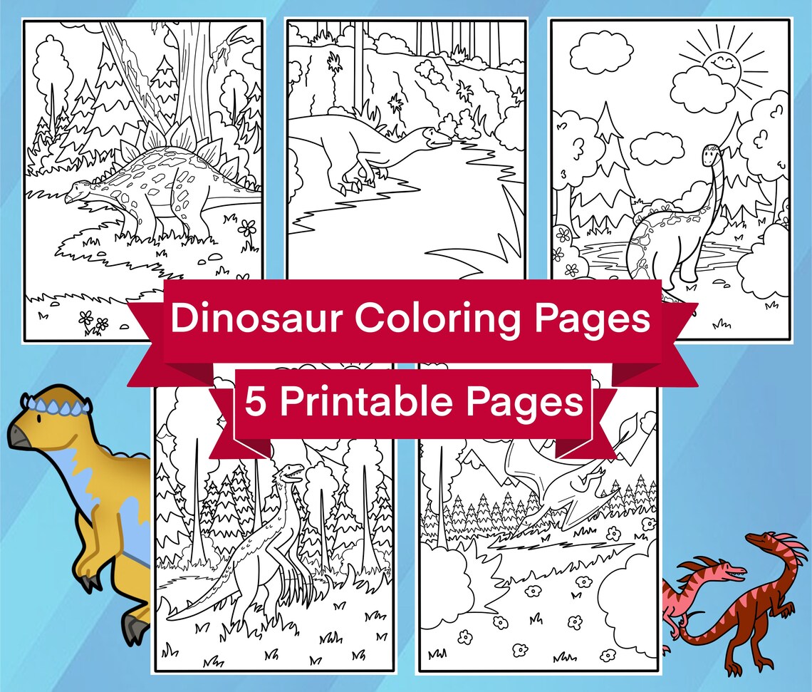 Printable Dinosaur Coloring Page PNG, 5 Pages - Etsy