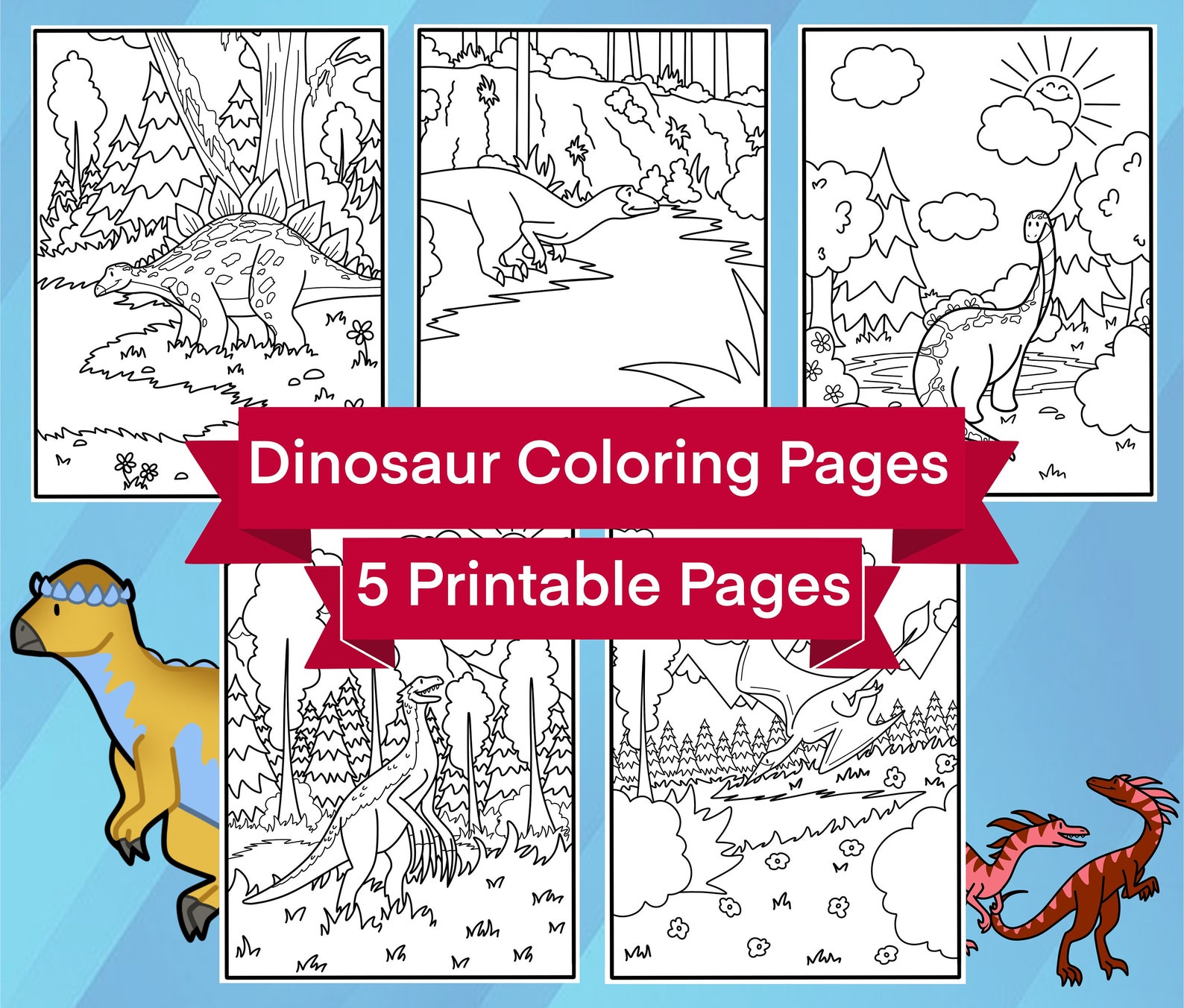 Printable Dinosaur Coloring Page PNG, 5 Pages - Etsy