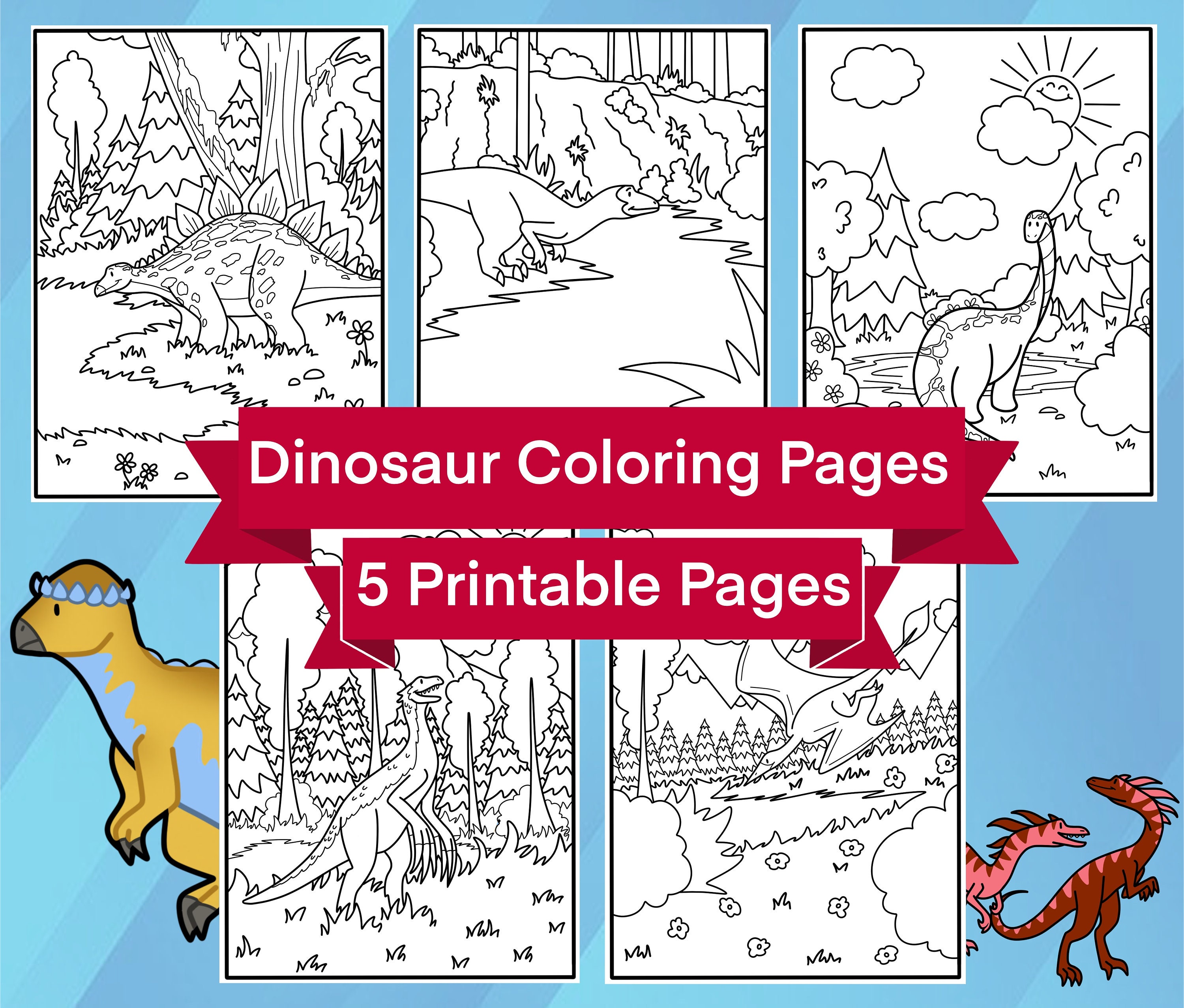 Printable Dinosaur Coloring Page PNG, 5 Pages - Etsy
