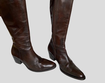 Vintage Shiny Brown Leather Pointy Toe Folded High Heel Boots - Etsy
