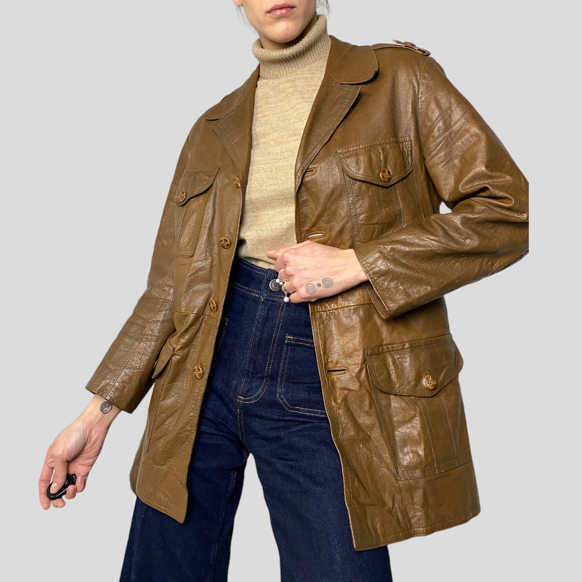 Vintage 70s Brown Genuine Leather Size L Button Closure Belted Jacket ...