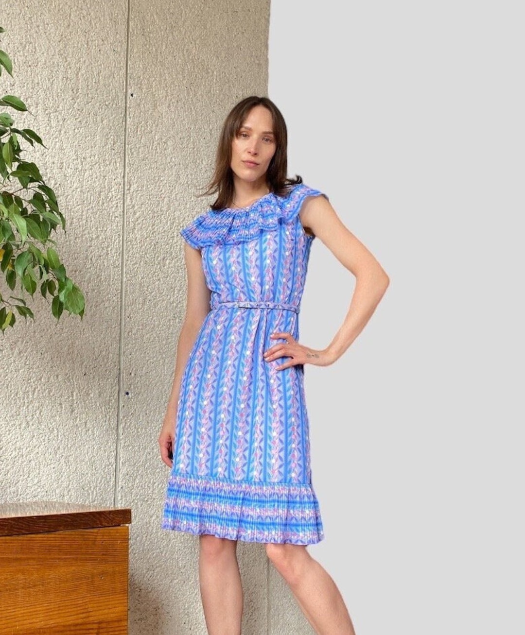 Vintage 70s Blue Midi Dress, Retro Printed Midi Summer Dress ...