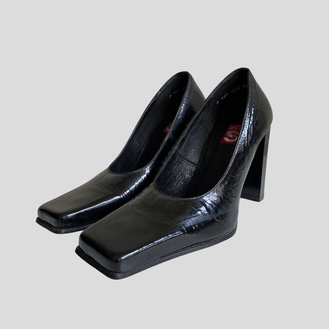 Retro 90s Patent Leather High Heels Classic Square Toe Design, Y2K ...