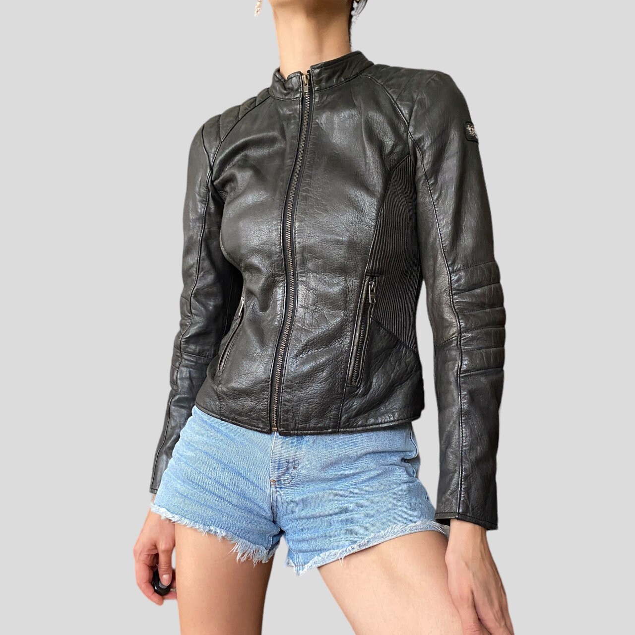 Vintage Leather Moto Jacket Tigha Size S Dark Brown Grey Genuine Sheep ...