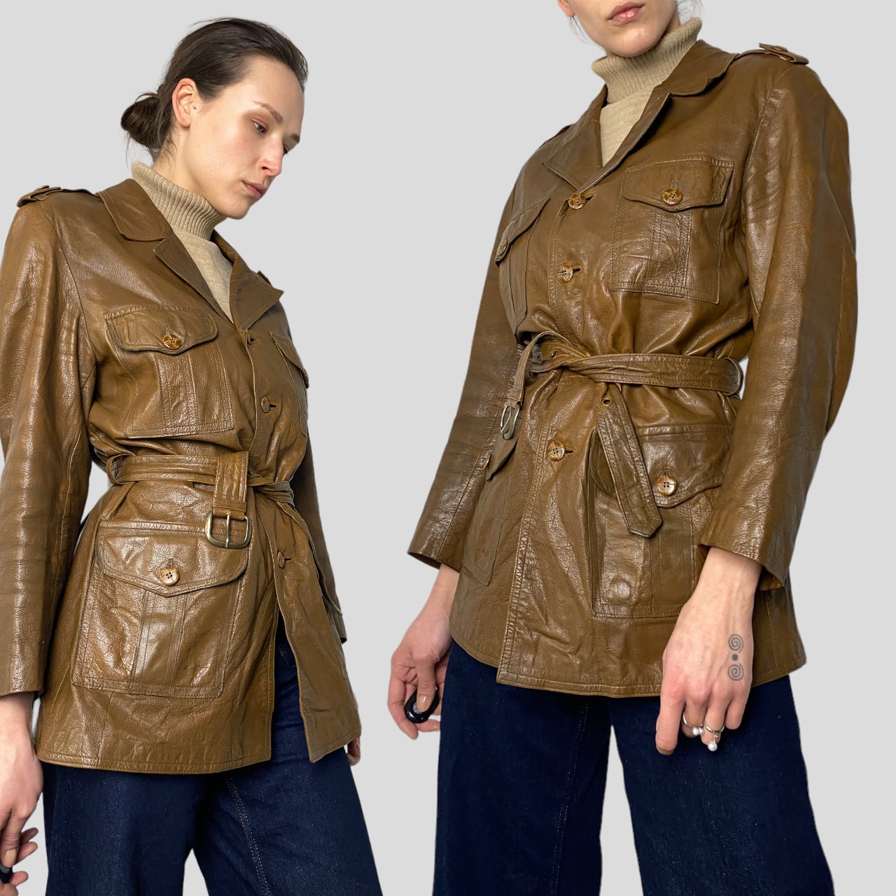 Vintage 70s Brown Genuine Leather Size L Button Closure Belted Jacket ...