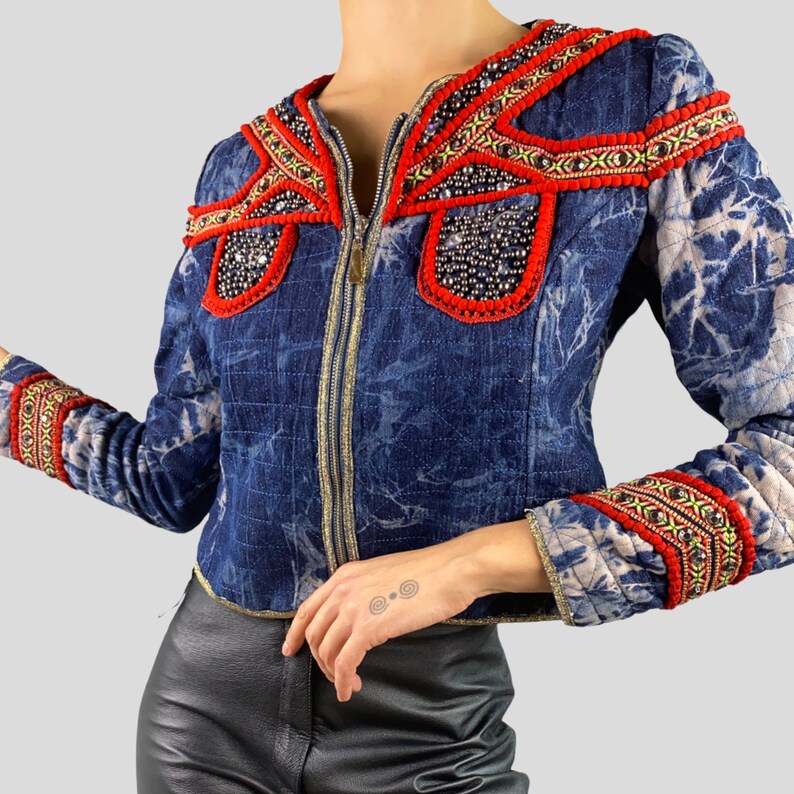 Vintage Blue Denim Jacket 90s Bleached Denim Blazer Embroidered Blazer ...