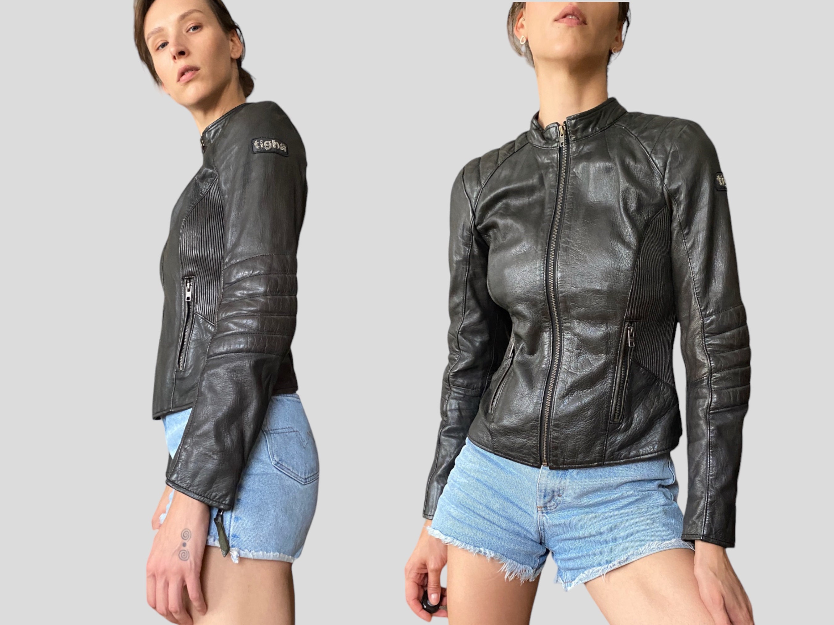 Vintage Leather Moto Jacket Tigha Size S Dark Brown Grey Genuine Sheep ...