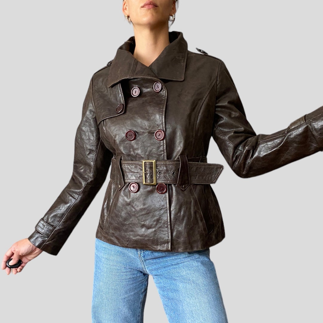 Vintage Brown Genuine Leather Button Closure Belted Hip Length Jacket ...