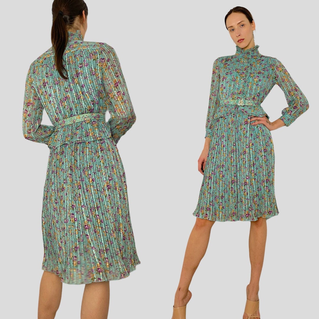 Retro Turquoise Green Midi Dress, Floral Print Belted Dress, Pleated ...