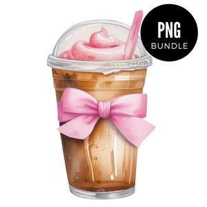 3 X Iced Coffee Pink Coquette Bow PNG Bundle Watercolor Clipart Digital ...