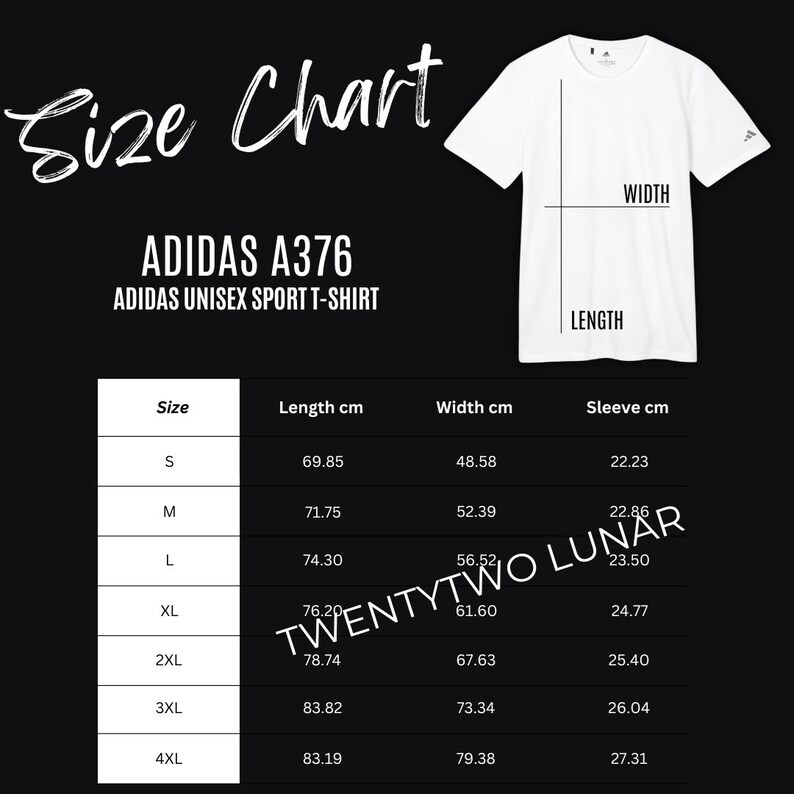5 X Adidas A376 Size Chart Printify Adidas Sports Top A376 Size Chart, POD Mockup Size Chart for ...