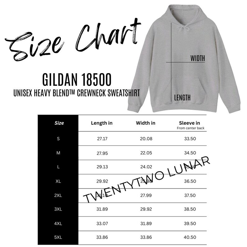 5 X Gildan 18500 Size Guide Printify 18500 Hoodie Size Chart, POD ...