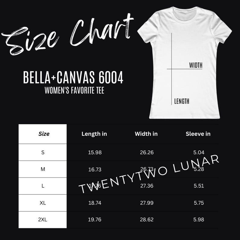 5 X Bella Canvas 6004 Size Chart 6004 Sizing Guide T-shirt Measurements ...