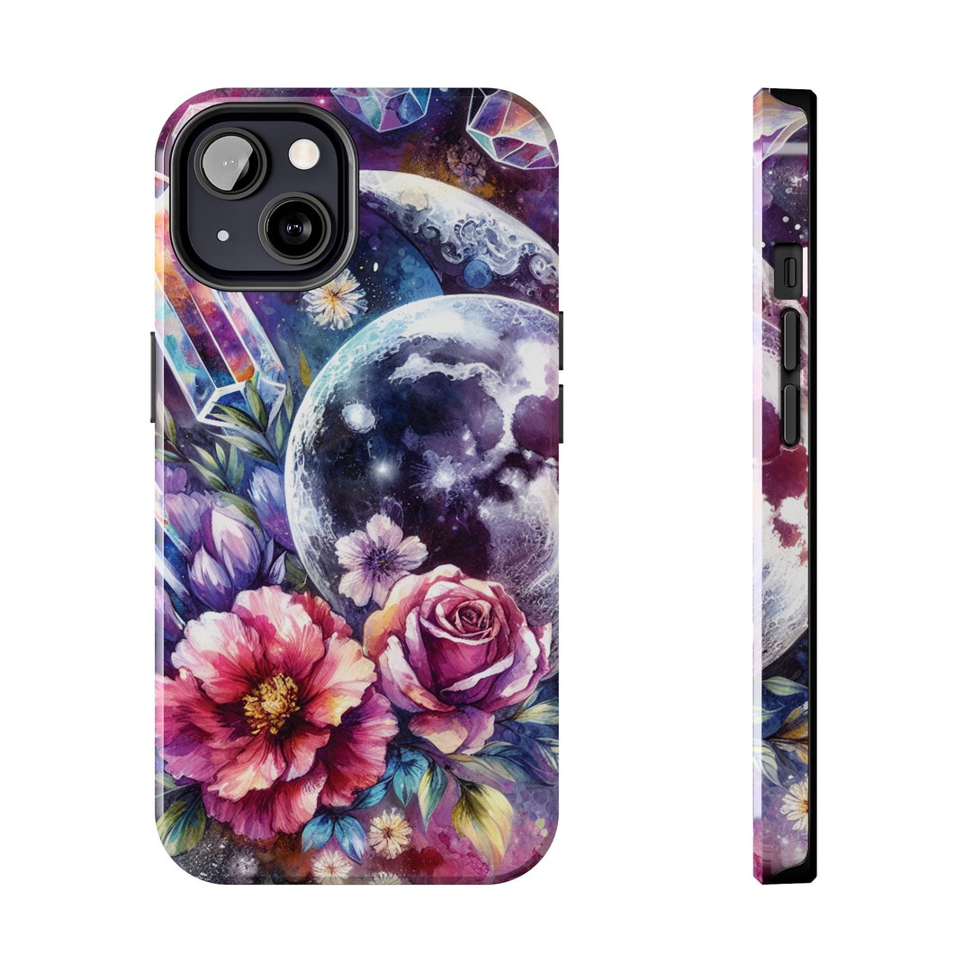 Watercolour Full Moon Floral Crystals Phone Case for iPhone 15 14 13 ...
