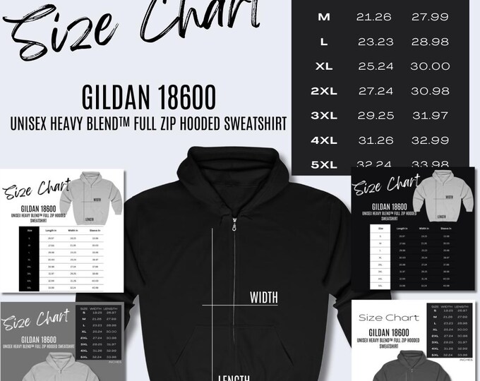 5 X Gildan 18600 Size Guide Printify 18600 Zip Hoodie Size Chart, POD ...