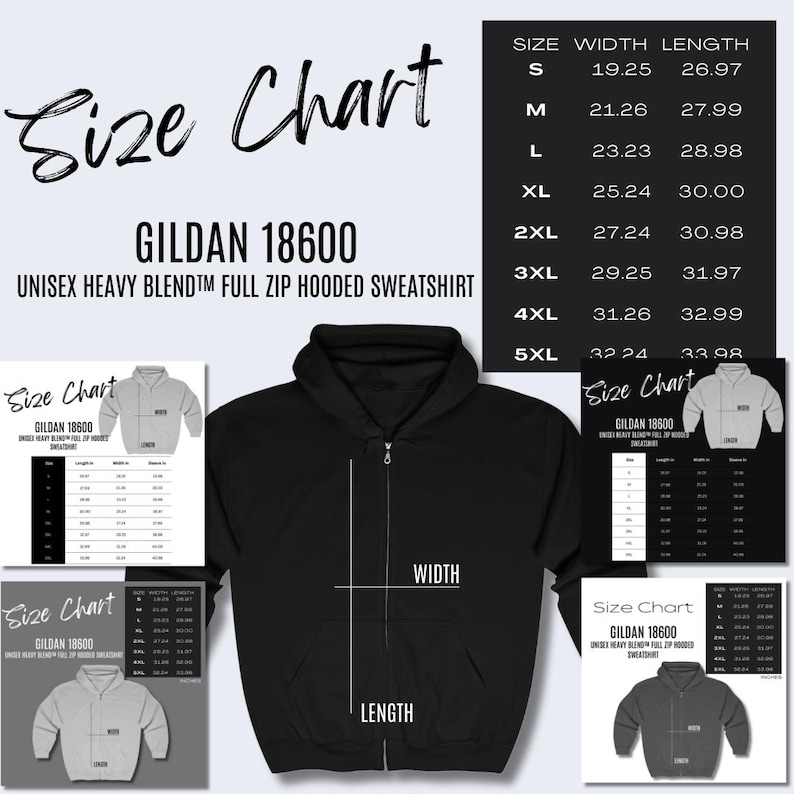 5 X Gildan 18600 Size Guide Printify 18600 Zip Hoodie Size Chart, POD ...