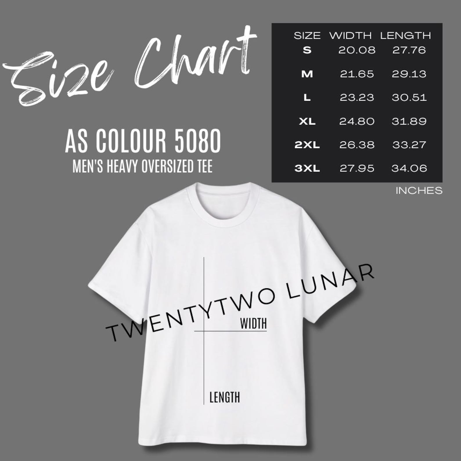 5 X AS Colour 5080 Size Chart Printify AS Colour Size Chart, POD Mockup ...