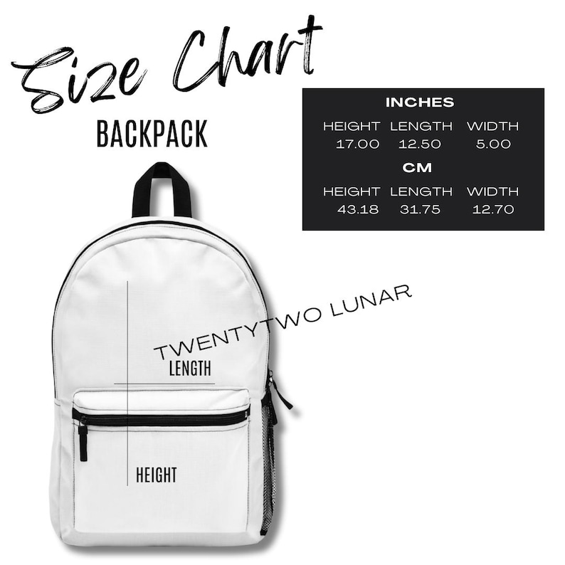 Backpack Size Chart MWW on Demand Size Chart Printify Backpack Mockup ...