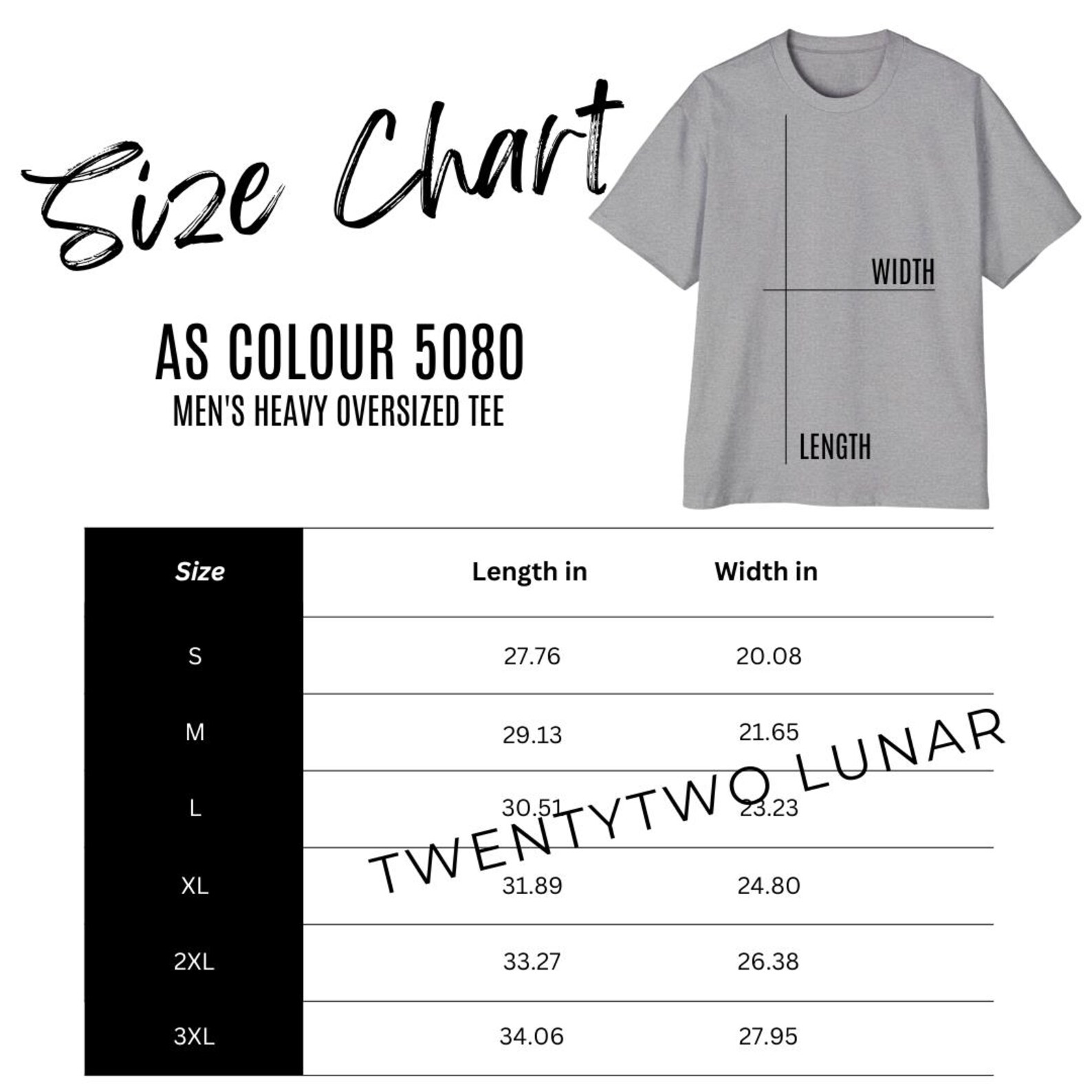 5 X AS Colour 5080 Size Chart Printify AS Colour Size Chart, POD Mockup ...