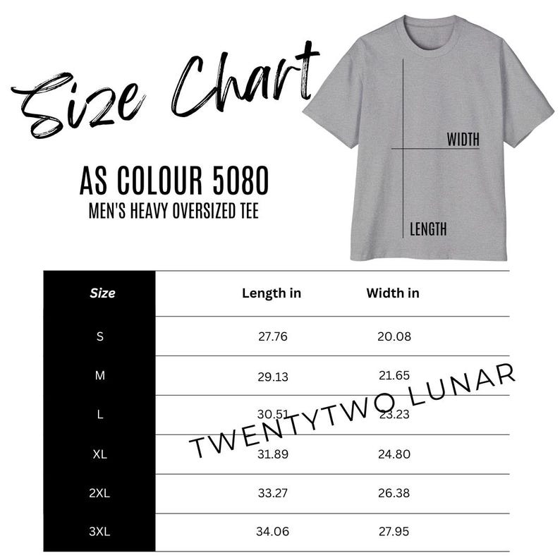 5 X AS Colour 5080 Size Chart Printify AS Colour Size Chart, POD Mockup ...