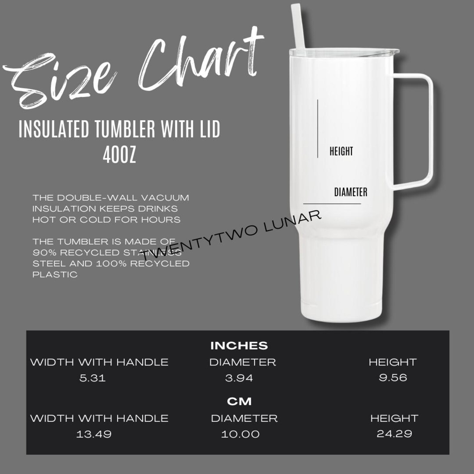 5 X Insulated Tumbler With Lid 40oz Size Chart Mockup Koozie Group ...
