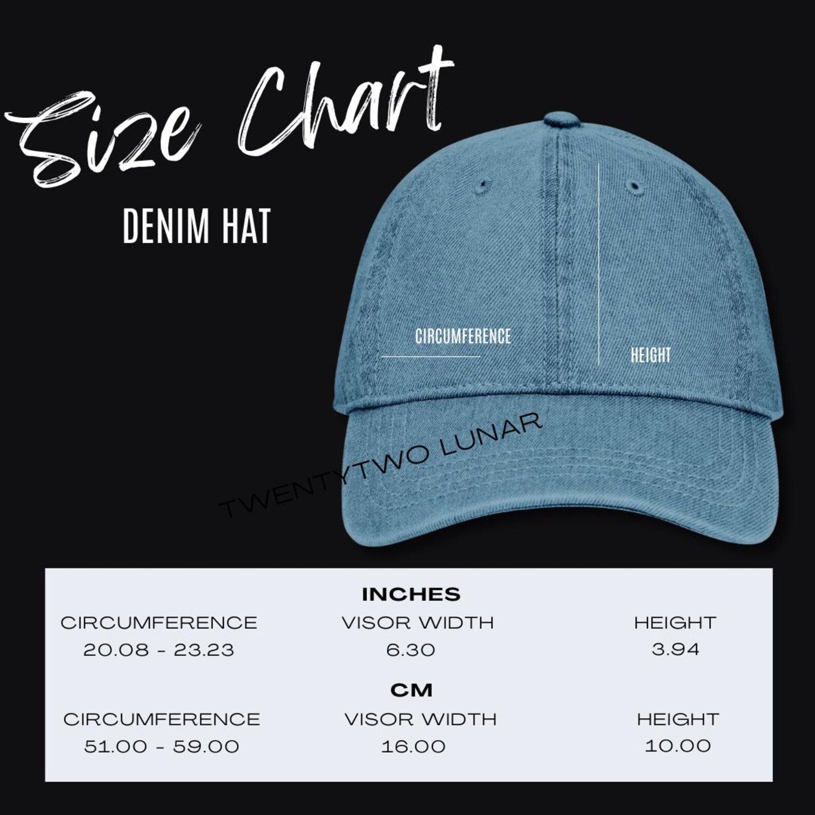 5 X Denim Hat (embroidery) Size Chart OTTO Cap 18-204 Hat Mockup ...