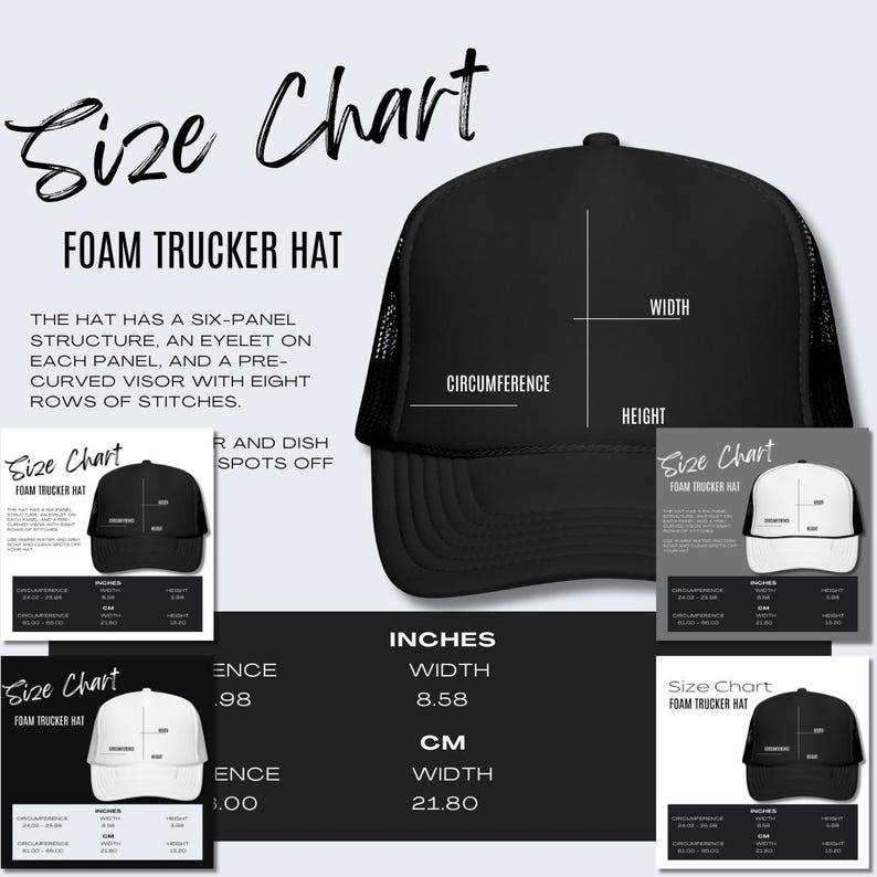 5 X Foam Trucker Hat Embroidery Size Chart OTTO Cap 39-165 Hat Mockup ...