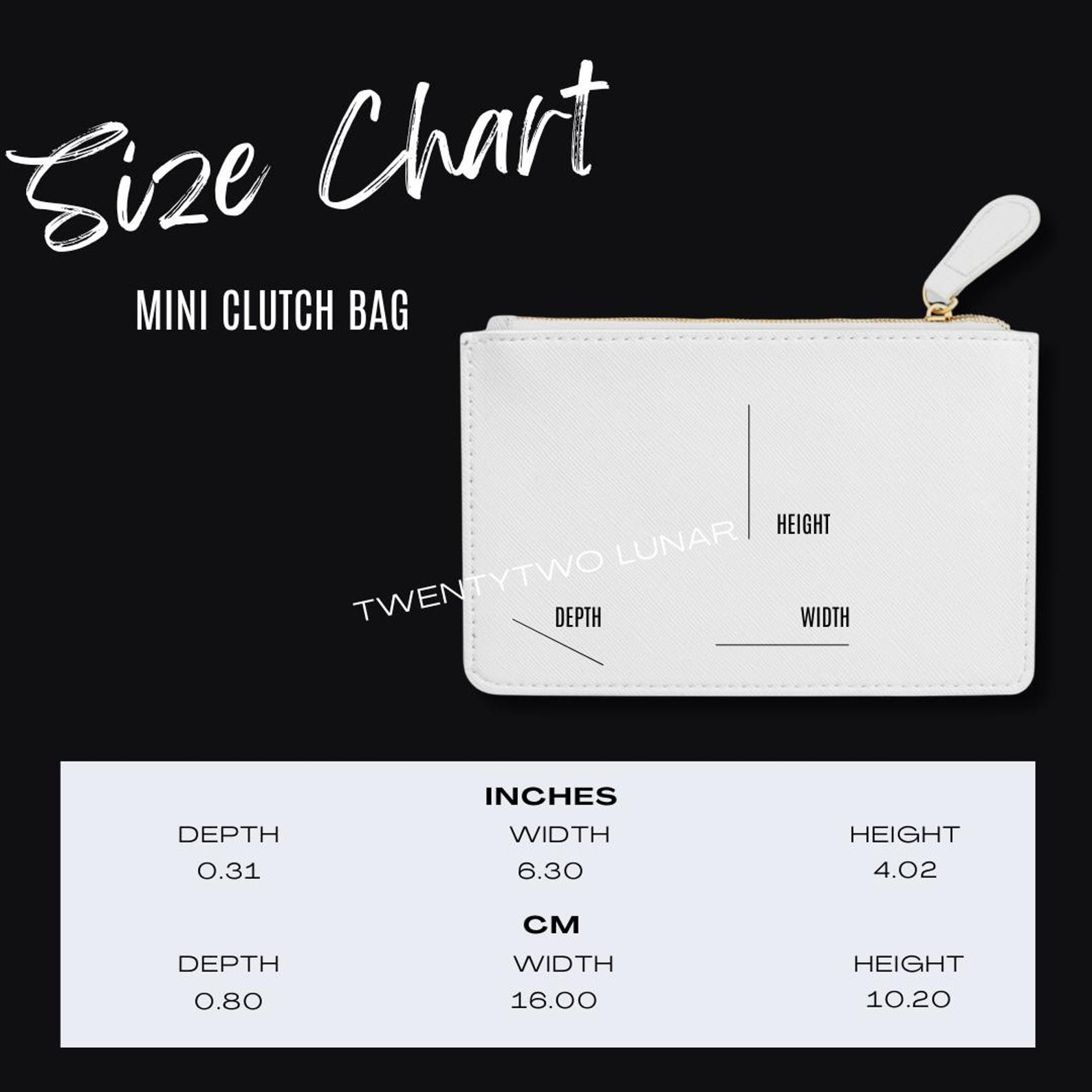 5 X Mini Clutch Bag Size Chart WOYC Size Chart Printify Bag Mockup Size ...