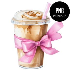 3 X Iced Coffee Pink Coquette Bow PNG Bundle Watercolor Clipart Digital ...