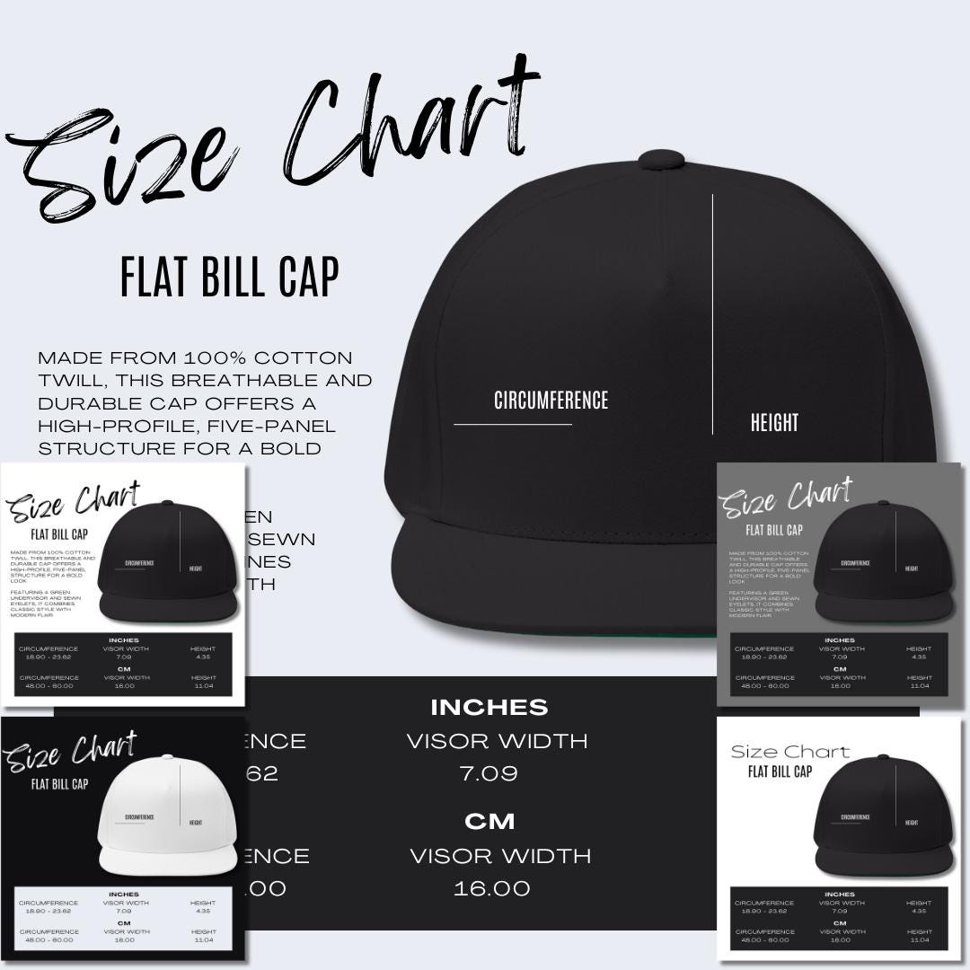 5 X Flat Bill Cap (embroidery) Size Chart Yupoong 6007 Hat Mockup ...
