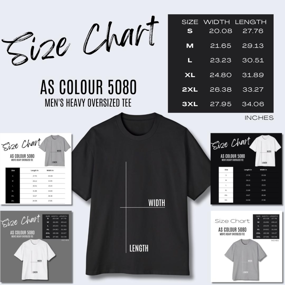 5 X AS Colour 5080 Size Chart Printify AS Colour Size Chart, POD Mockup ...