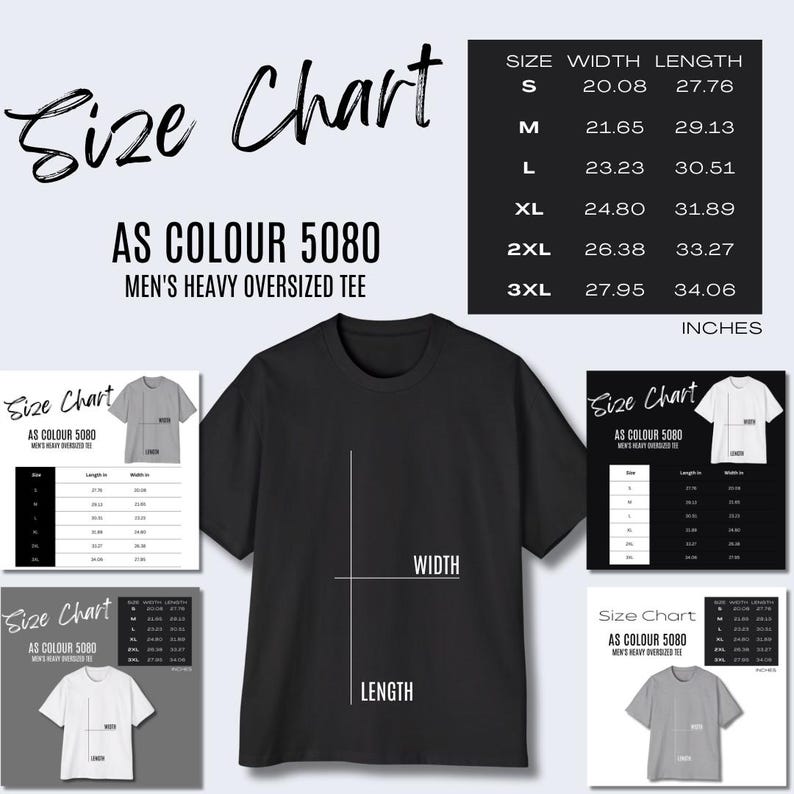 5 X AS Colour 5080 Size Chart Printify AS Colour Size Chart, POD Mockup ...