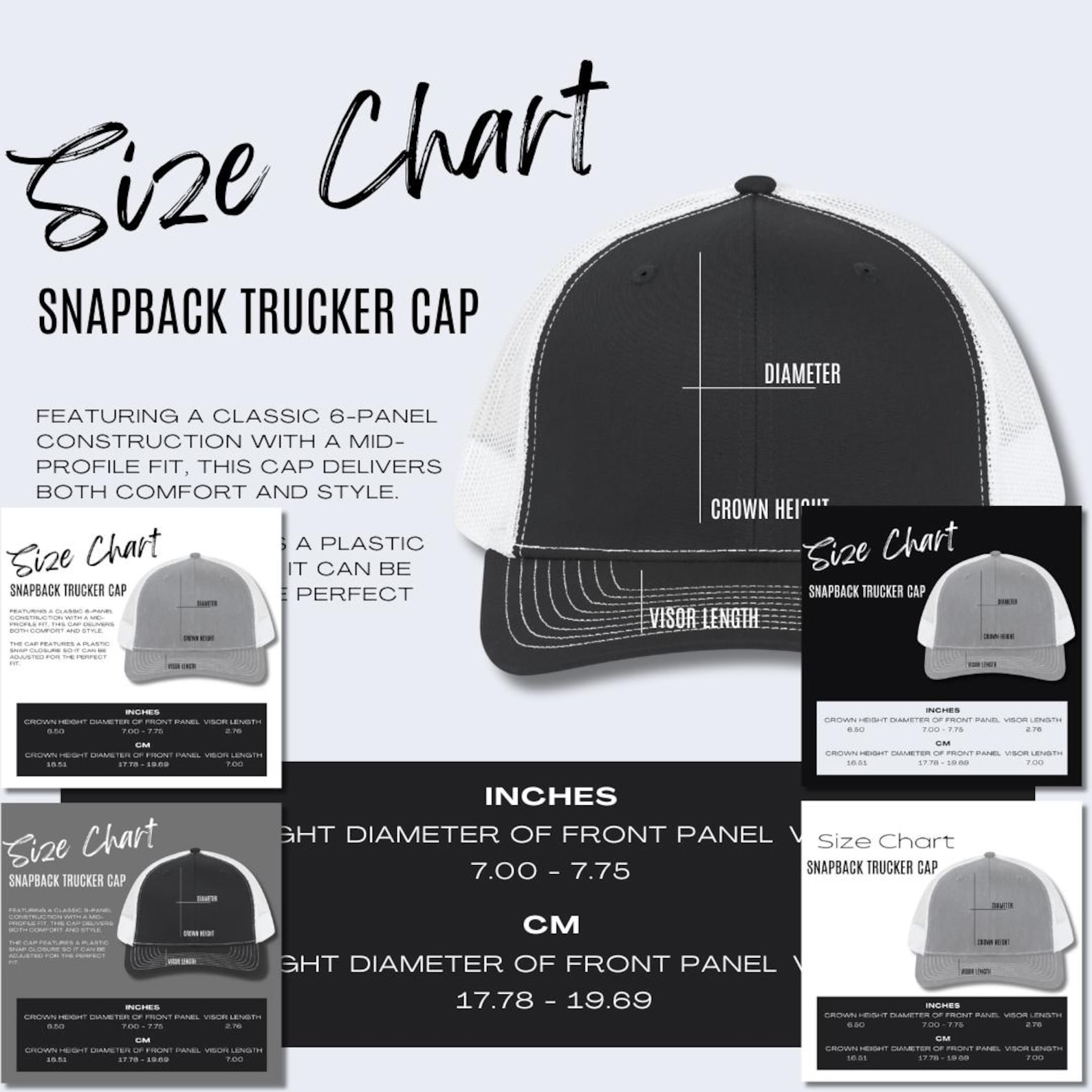 5x Snapback Trucker Cap Size Chart Hat Mockup Product Details Mockup ...