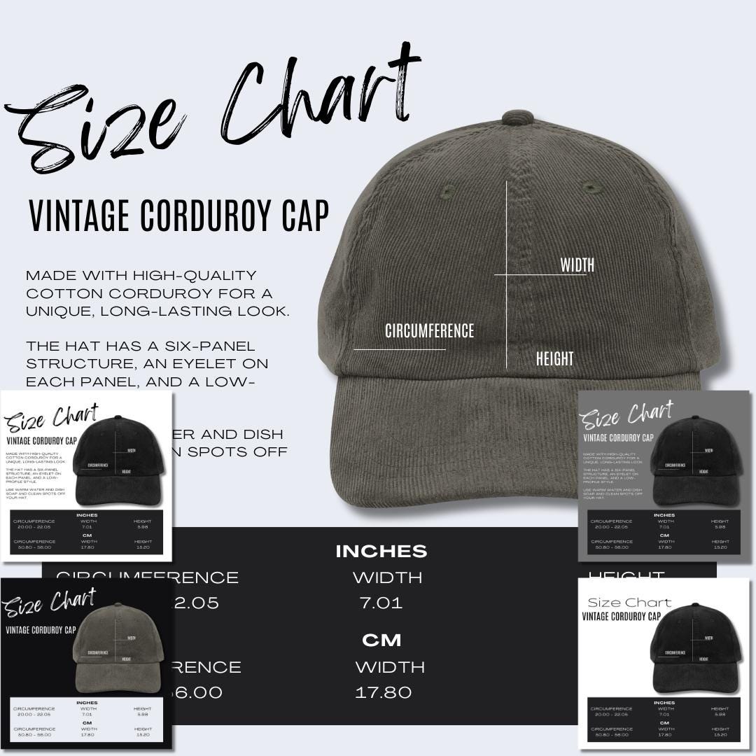5 X Corduroy Cap Embroidery Big Accessories BA703 Size Chart Hat Mockup ...