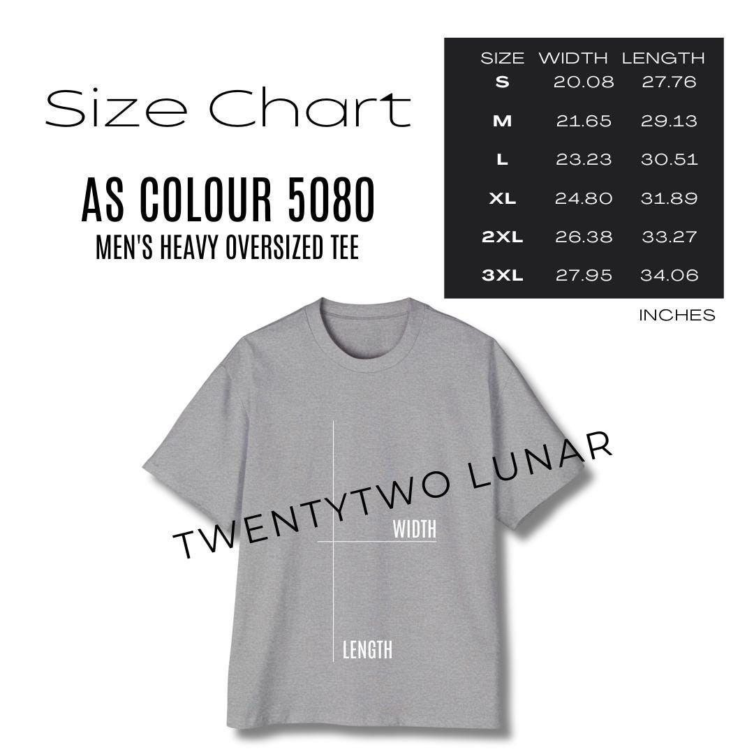 5 X AS Colour 5080 Size Chart Printify AS Colour Size Chart, POD Mockup ...