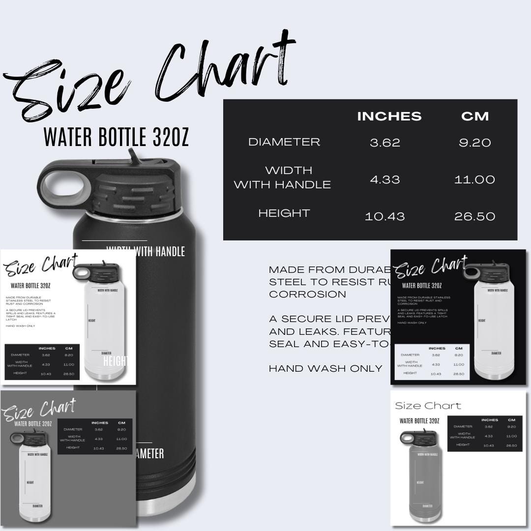 5 X Water Bottle 32oz Size Chart Size Chart Template Polar Camel Mockup ...