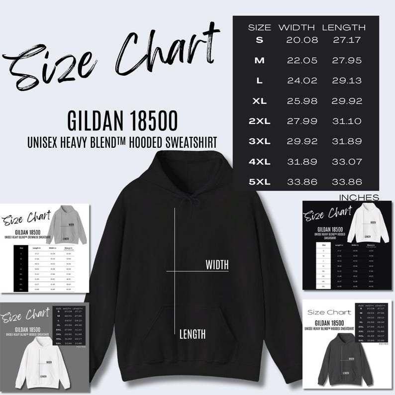 5 X Gildan 18500 Size Guide Printify 18500 Hoodie Size Chart, POD ...