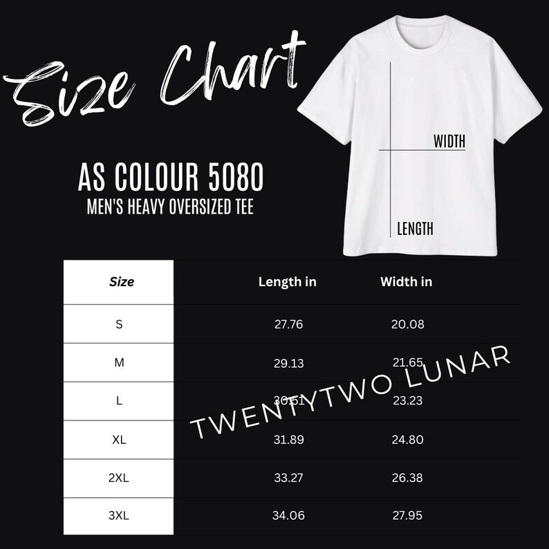 5 X AS Colour 5080 Size Chart Printify AS Colour Size Chart, POD Mockup ...