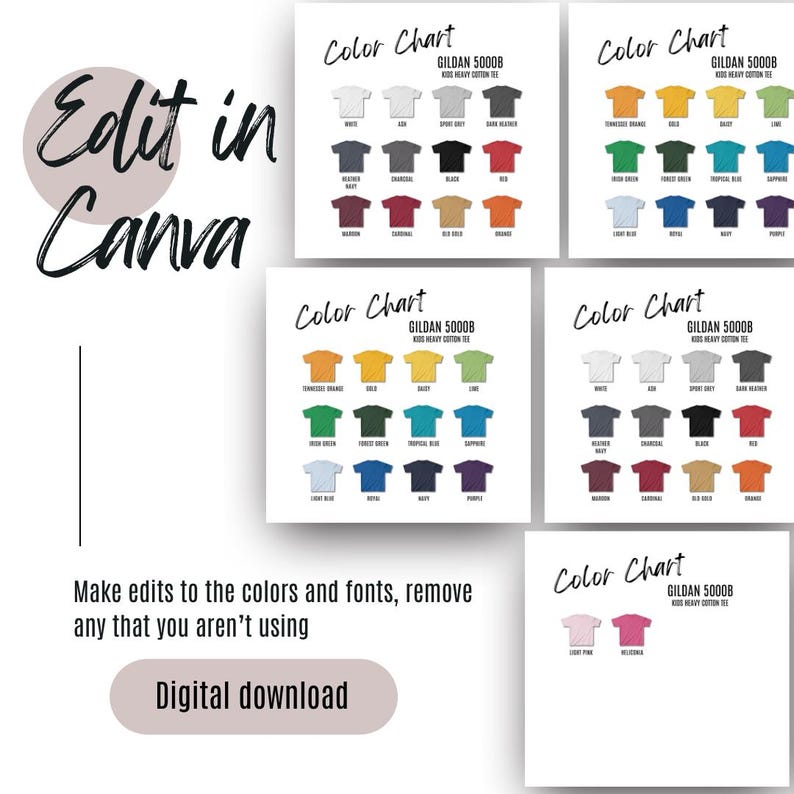 Gildan 5000B Color Chart Canva Template T-shirt Gildan Kids Mockups ...
