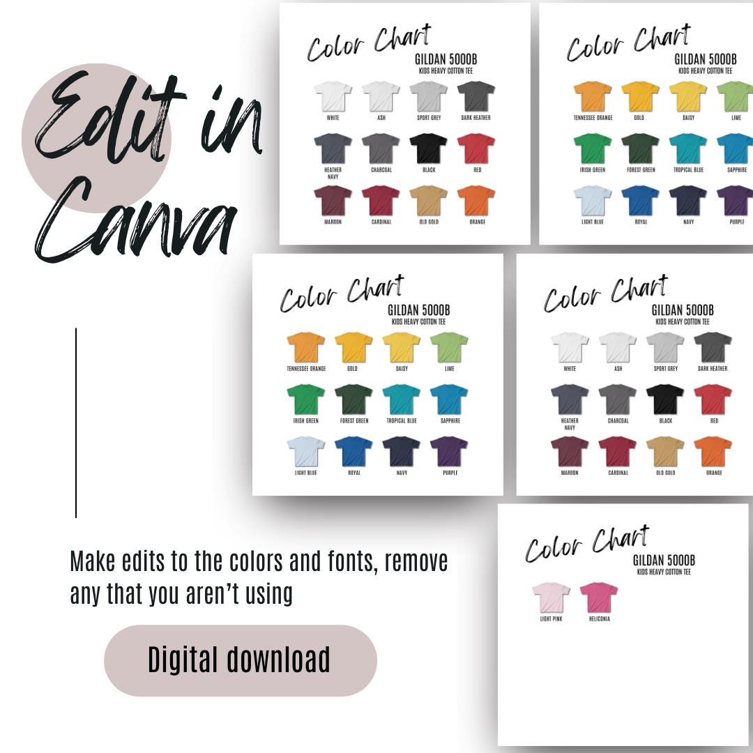 Gildan 5000B Color Chart Canva Template T-shirt Gildan Kids Mockups ...
