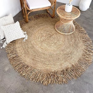 Round Rafia Rug, Woven Straw Natural Fiber Rug, Jute Rug, Hand Braided ...