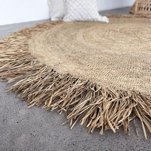 Round Rafia Rug, Woven Straw Natural Fiber Rug, Jute Rug, Hand Braided ...