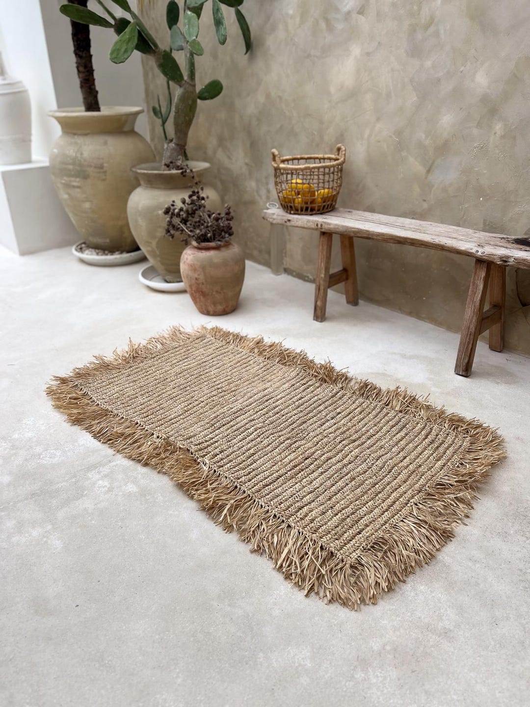 Boho Raffia Rug Rectangle – Natural Straw Floor Mat With Fringe ...