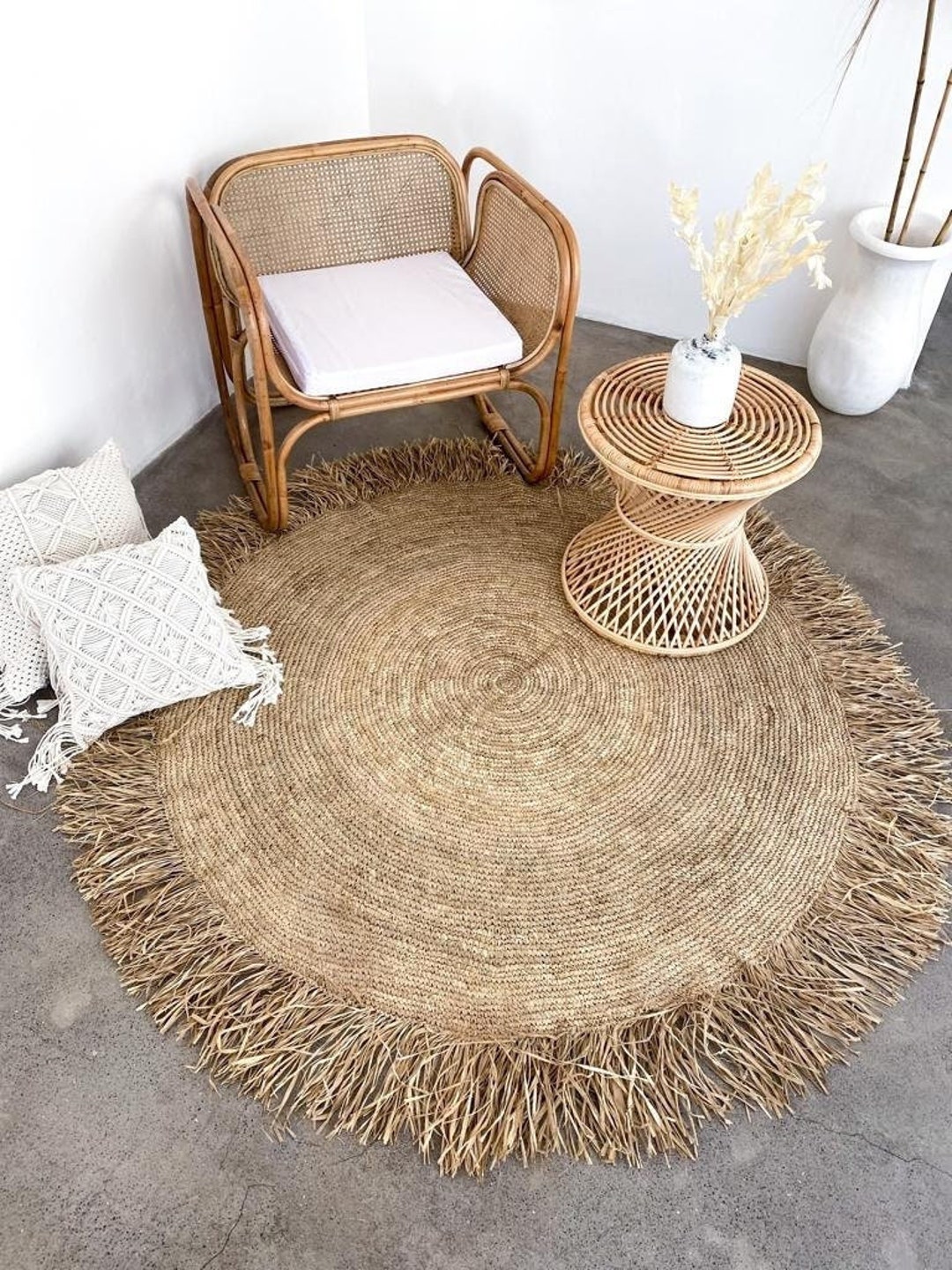 Round Rafia Rug, Woven Straw Natural Fiber Rug, Jute Rug, Hand Braided ...
