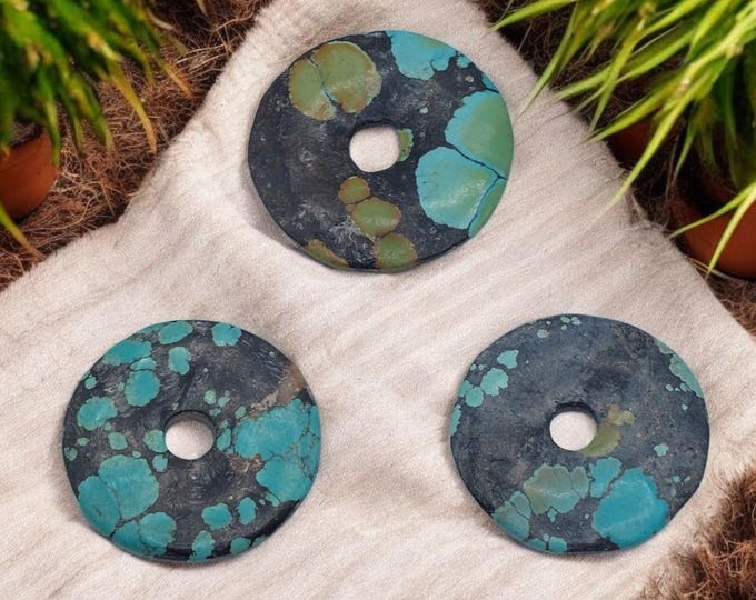 Vintage Natural Hubei Turquoise Donut Disk Coin Pendant Focal Bead Sold ...