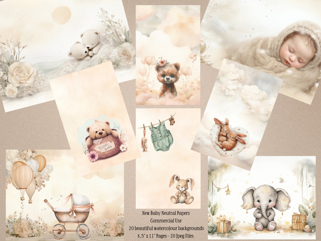 New Baby Neutral 20 Watercolour Scrapbook Backgrounds, New Baby Digital ...