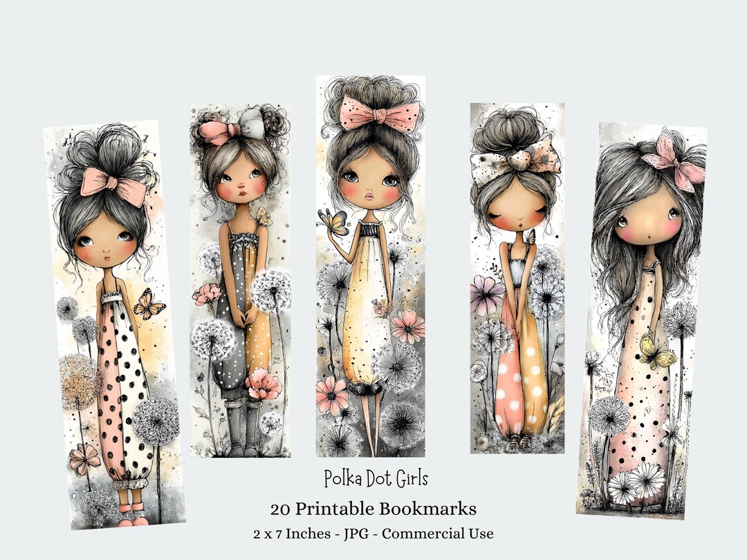 Polka Dot Girls Bookmarks, 20 Bookmarks, Mixed Media Bookmark Set ...