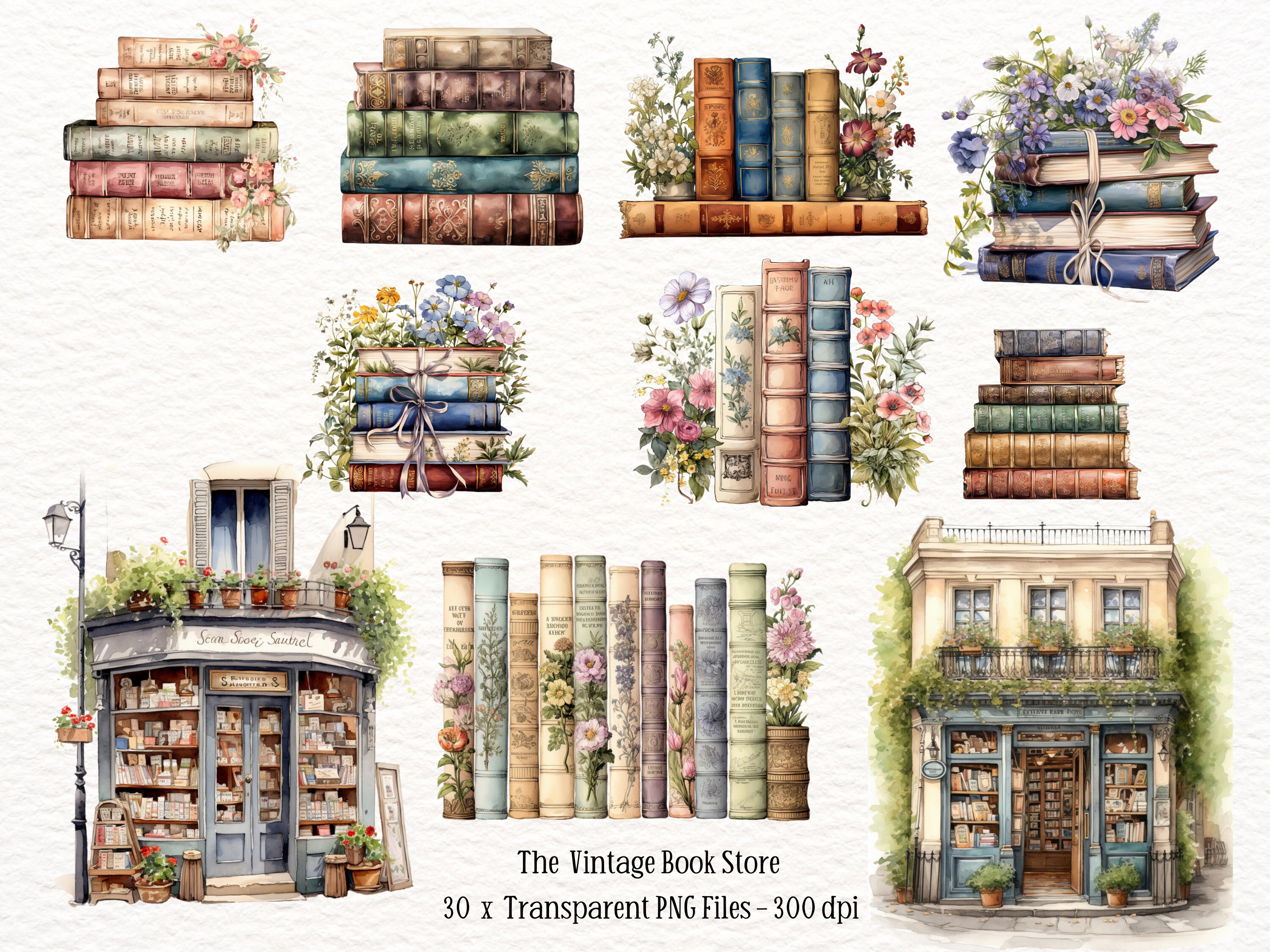 Wildflower Books Clipart Vintage Book Flowers Clipart, Book Lover ...
