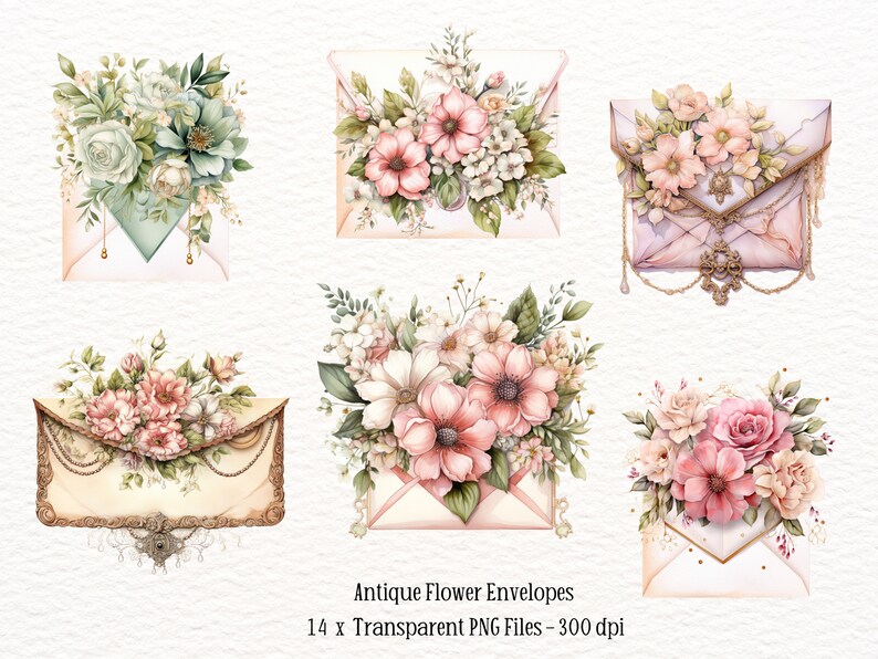 14 Vintage Floral Envelope Clipart, Vintage Clipart, Shabby Chic ...