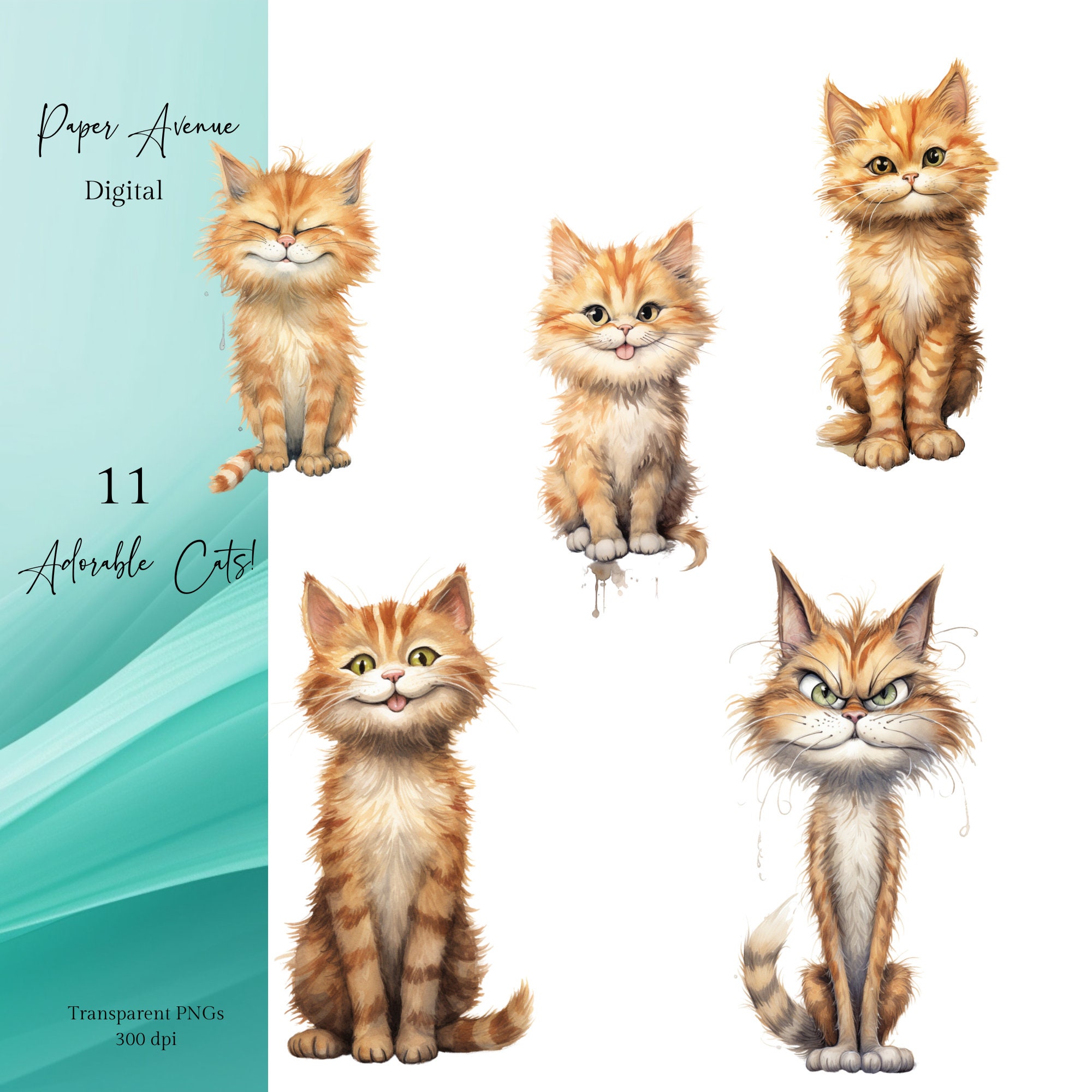 Cats Clipart Bundle, 11 PNG Cute Cat, High Quality 300dpi Funny Cats ...